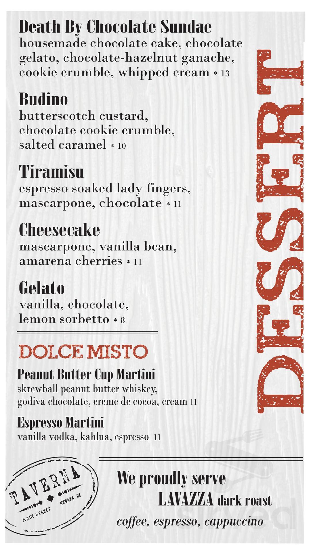 Menu for Taverna Rustic Italian Wilmington in Wilmington, DE | Sirved