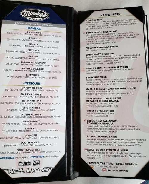 Minsky's Pizza menu in Leawood, Kansas, USA