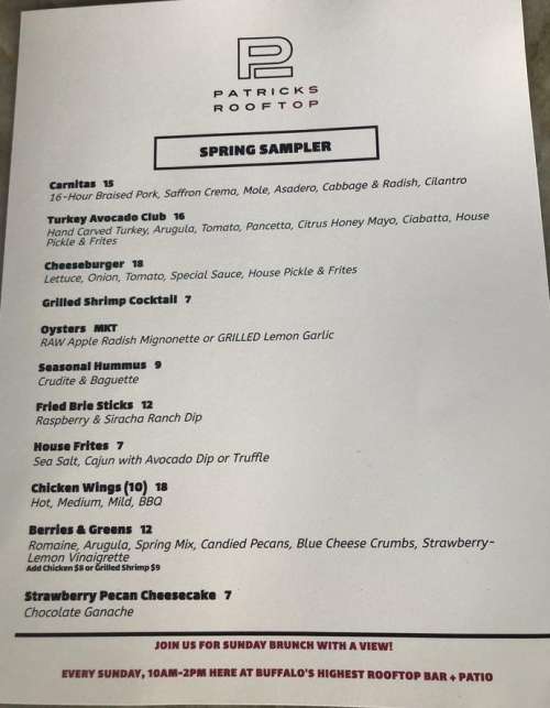 Patrick's Rooftop menu in Buffalo, New York, USA