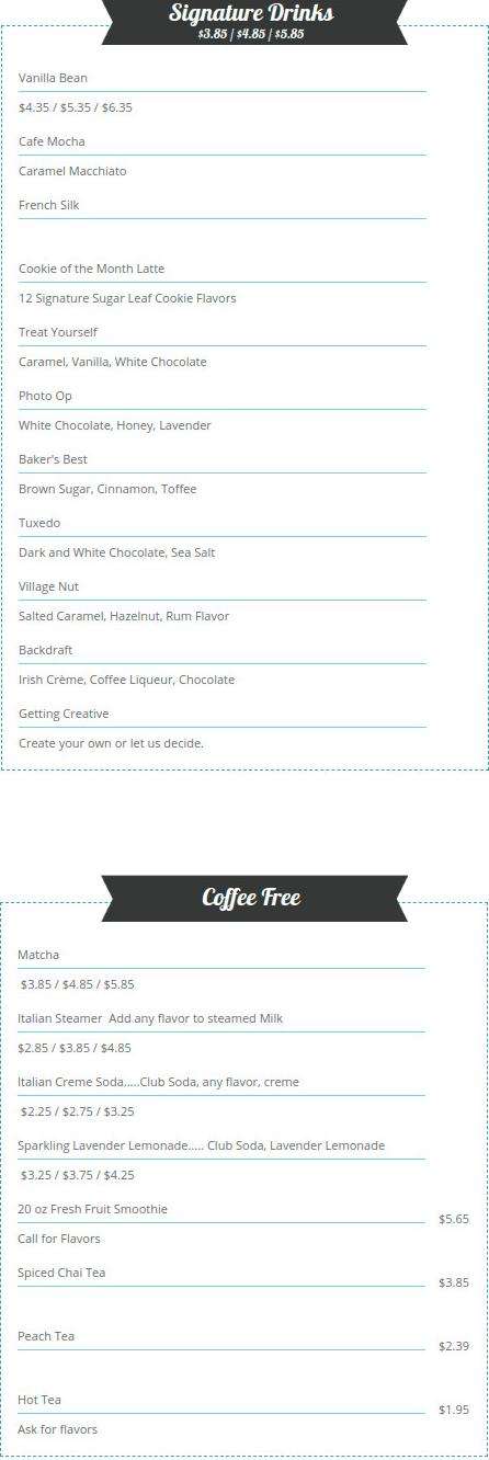 Sugar Leaf Bakery, Cafe & Espresso menu in Branson, Missouri, USA