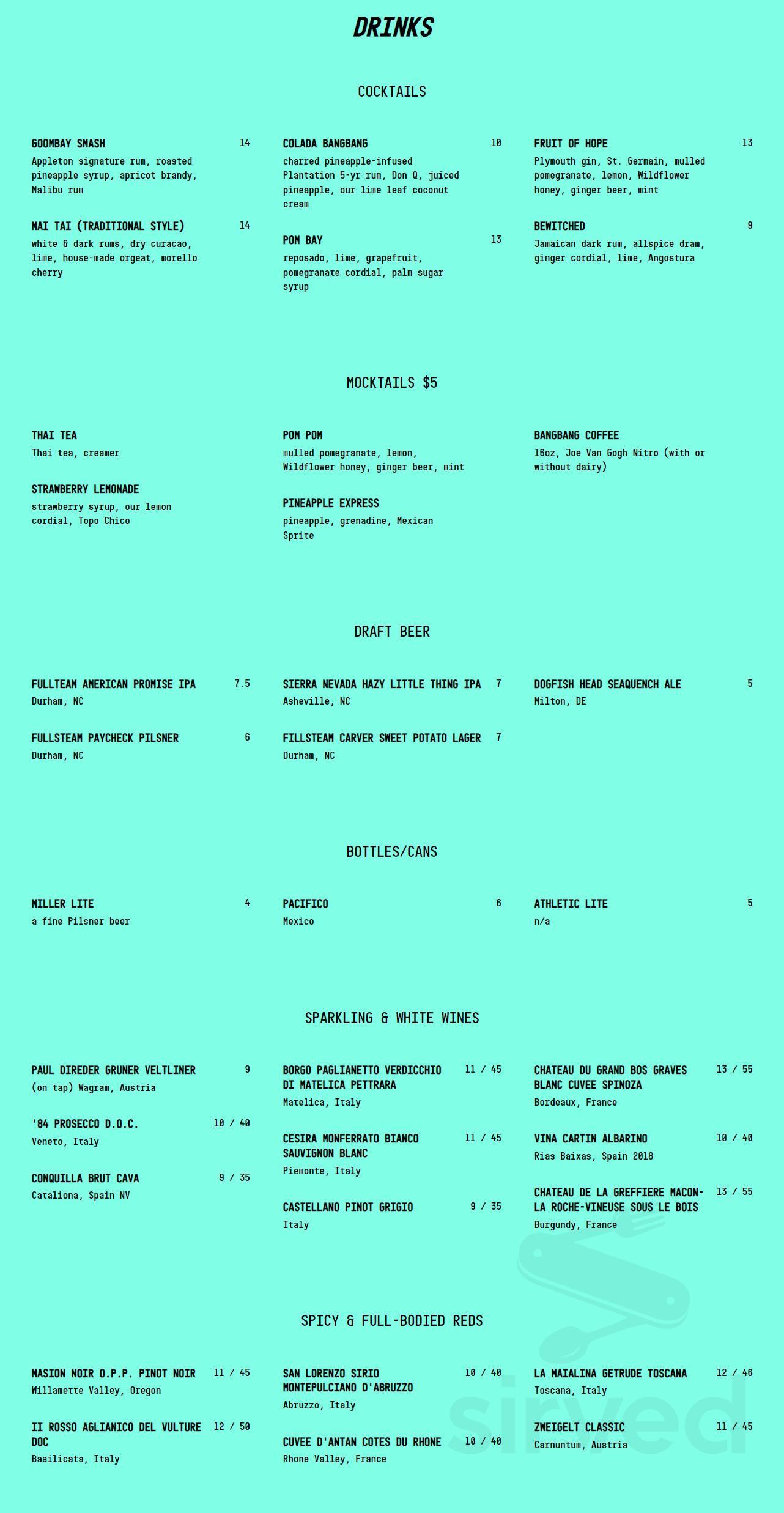 Lulu Bang Bang menu in Durham, North Carolina, USA