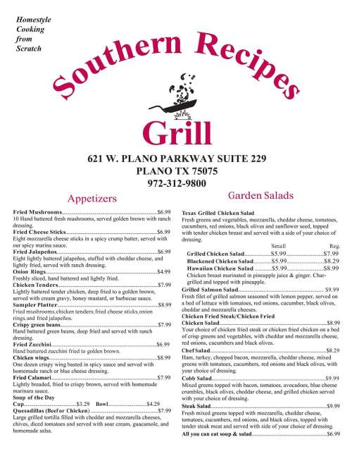 Southern Recipes Grill menu in Plano, Texas, USA