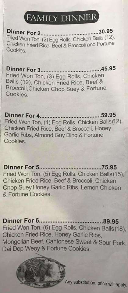 Wongs House Restaurant menu in Holyrood, Newfoundland and Labrador, Canada