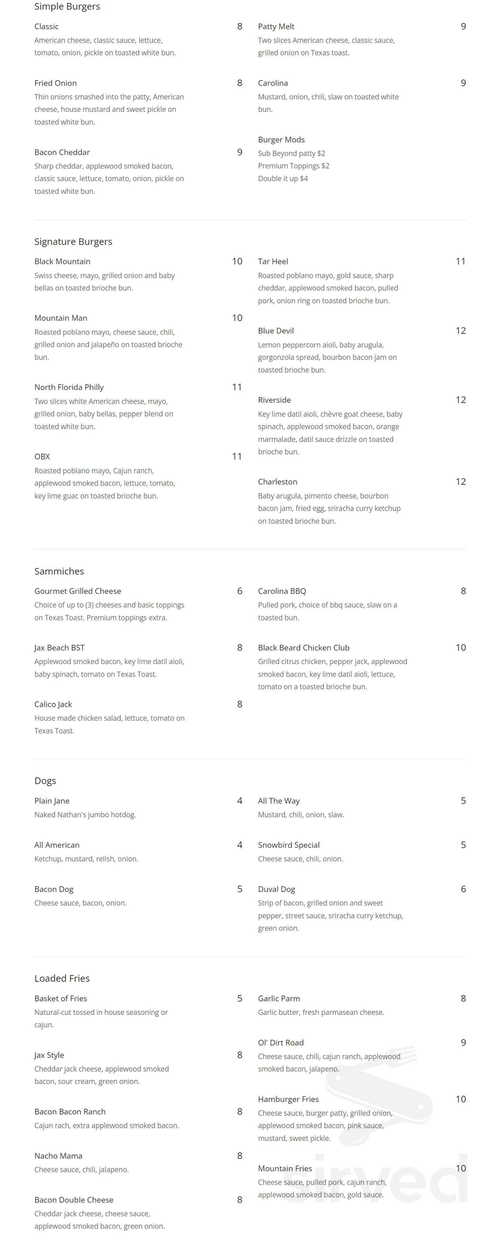Carolina Jax menu in Jacksonville, Florida, USA