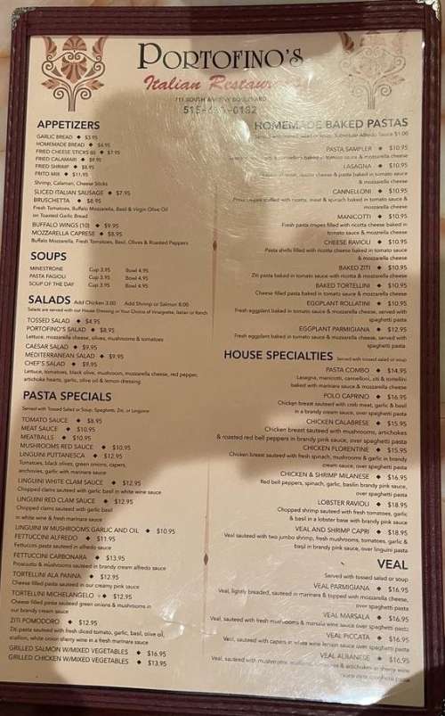 Portofino's Italian Restaurant & Pizza menu in Ankeny, Iowa, USA