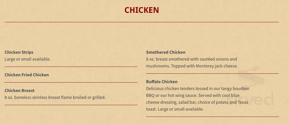 Beefmaster Steakhouse menus in Ballinger, Texas, United States