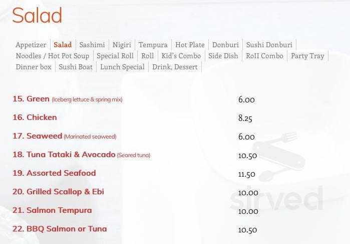 Menu - Coquitlam BC's Hiraku Sushi | Sirved
