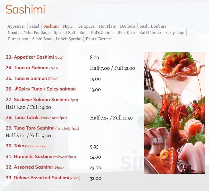 Hiraku Sushi menu in Coquitlam, British Columbia, Canada