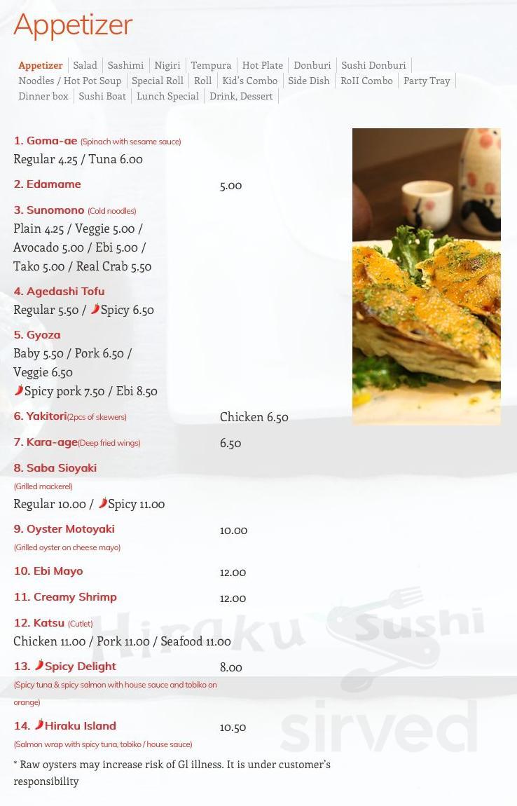 Menu - Coquitlam BC's Hiraku Sushi | Sirved