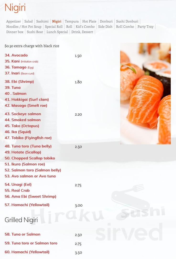 Menu - Coquitlam BC's Hiraku Sushi | Sirved