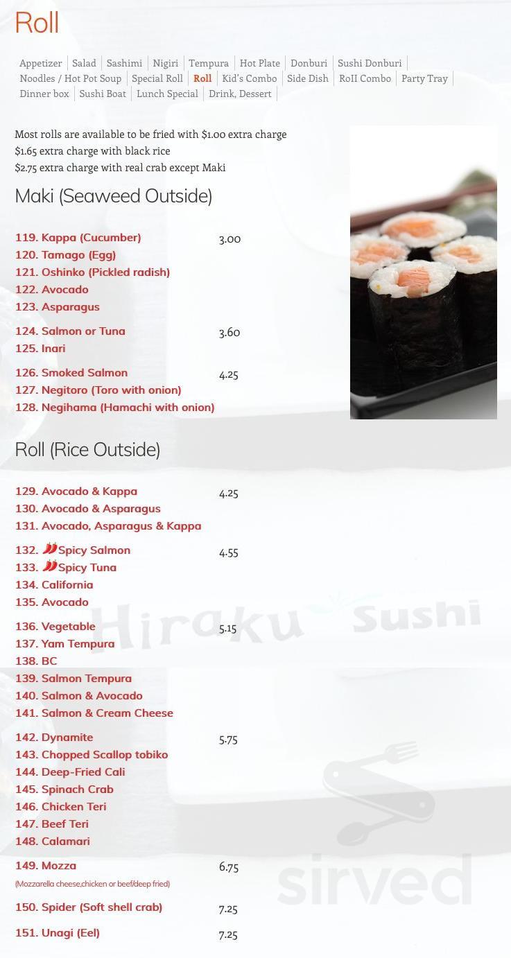Menu - Coquitlam BC's Hiraku Sushi | Sirved