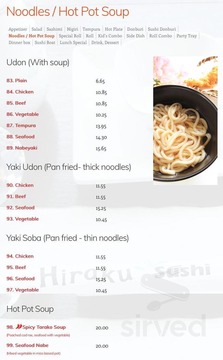 Menu - Coquitlam BC's Hiraku Sushi | Sirved