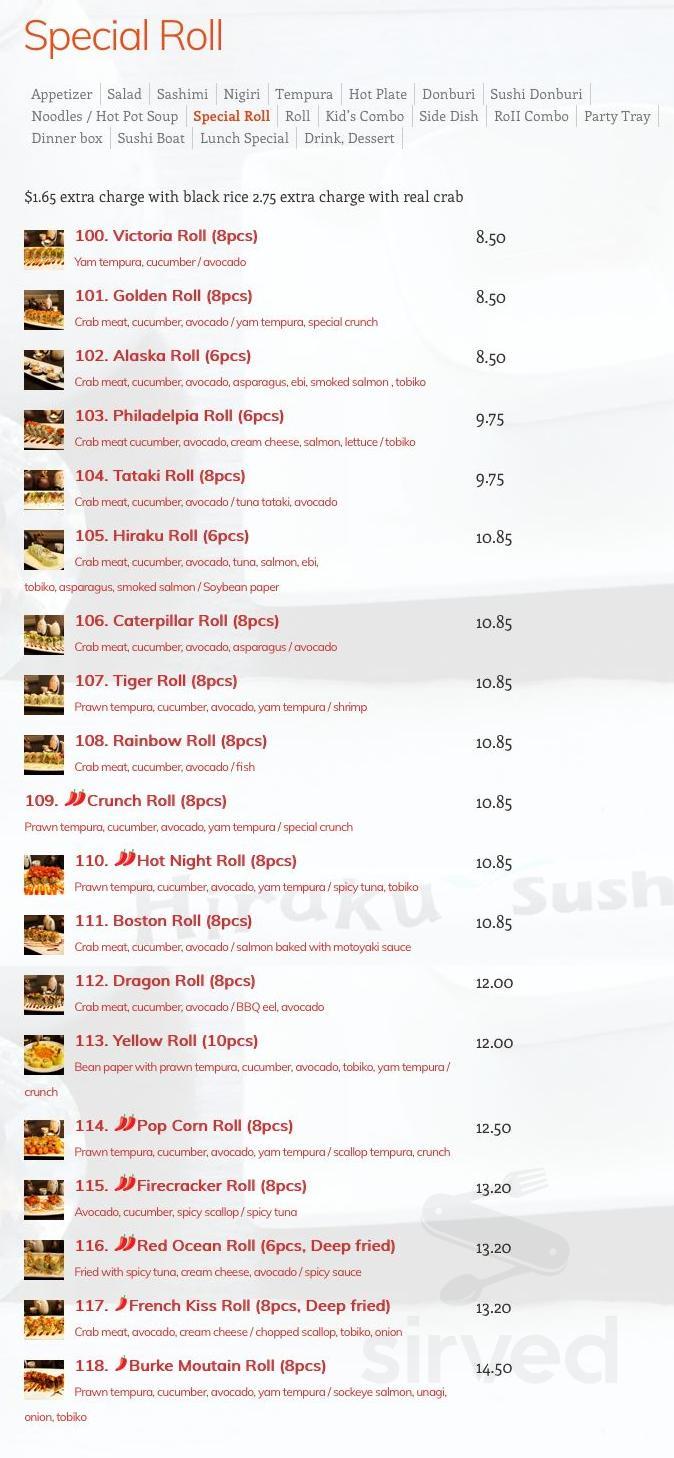 Menu - Coquitlam BC's Hiraku Sushi | Sirved