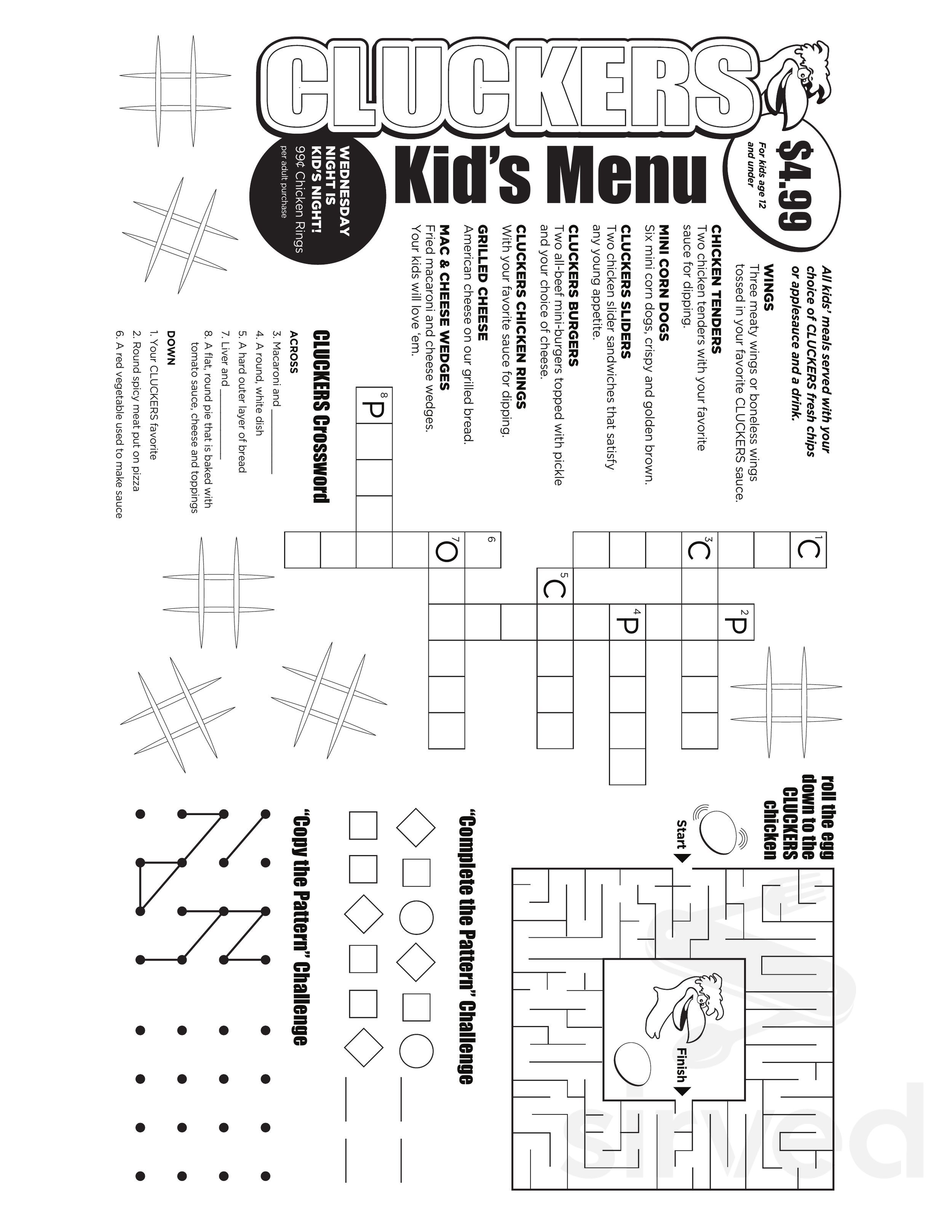 Cluckers menu in Corydon, Indiana, USA