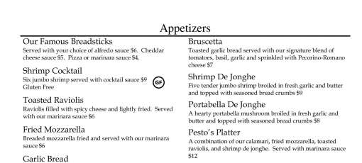Menu for Pesto's Italian Restaurant in Valparaiso, IN | Sirved