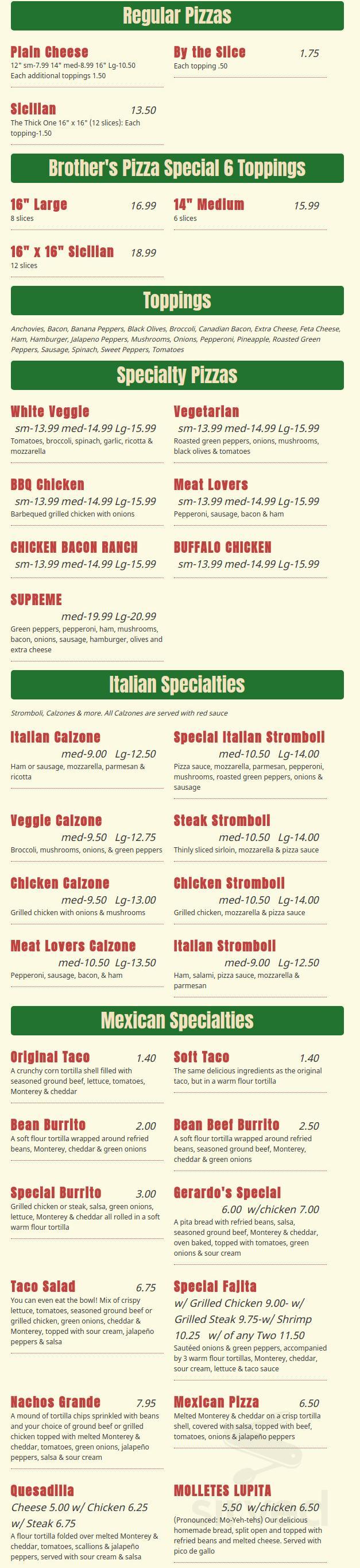 Brother's Pizza Chambersburg menus in Chambersburg, Pennsylvania ...