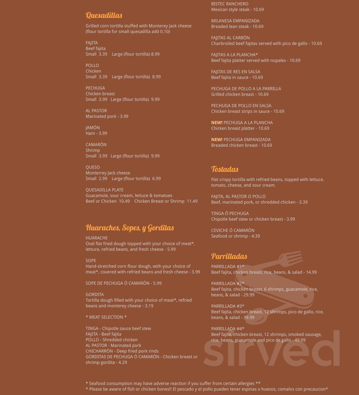 Ruchi's Mexican Grill menu in Houston, Texas, USA