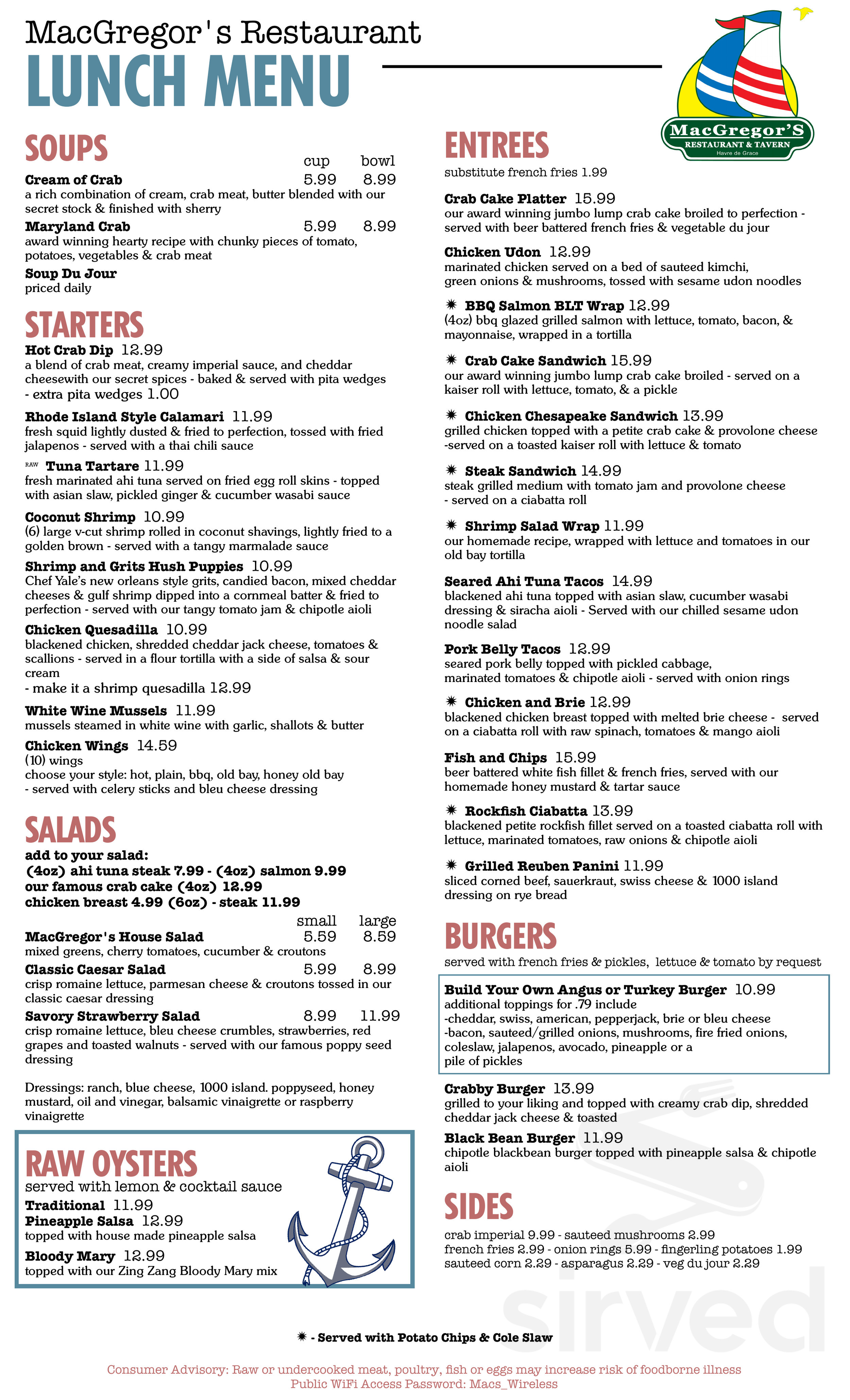 MacGregor's Restaurant menu in Havre De Grace, Maryland, USA