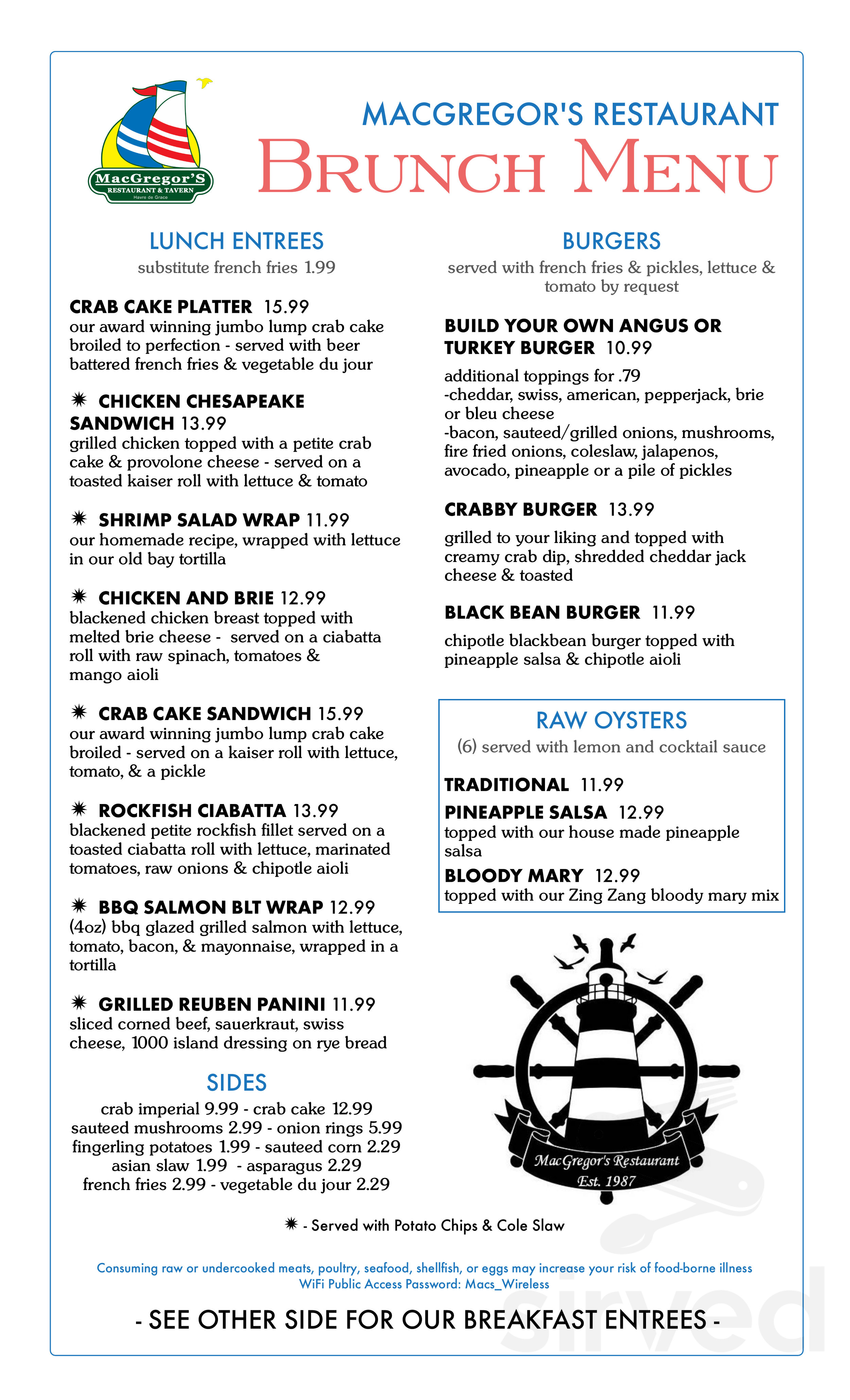 MacGregor's Restaurant menu in Havre De Grace, Maryland, USA