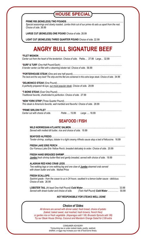 Angry Bull Steak House menu in Huron, Ohio, USA