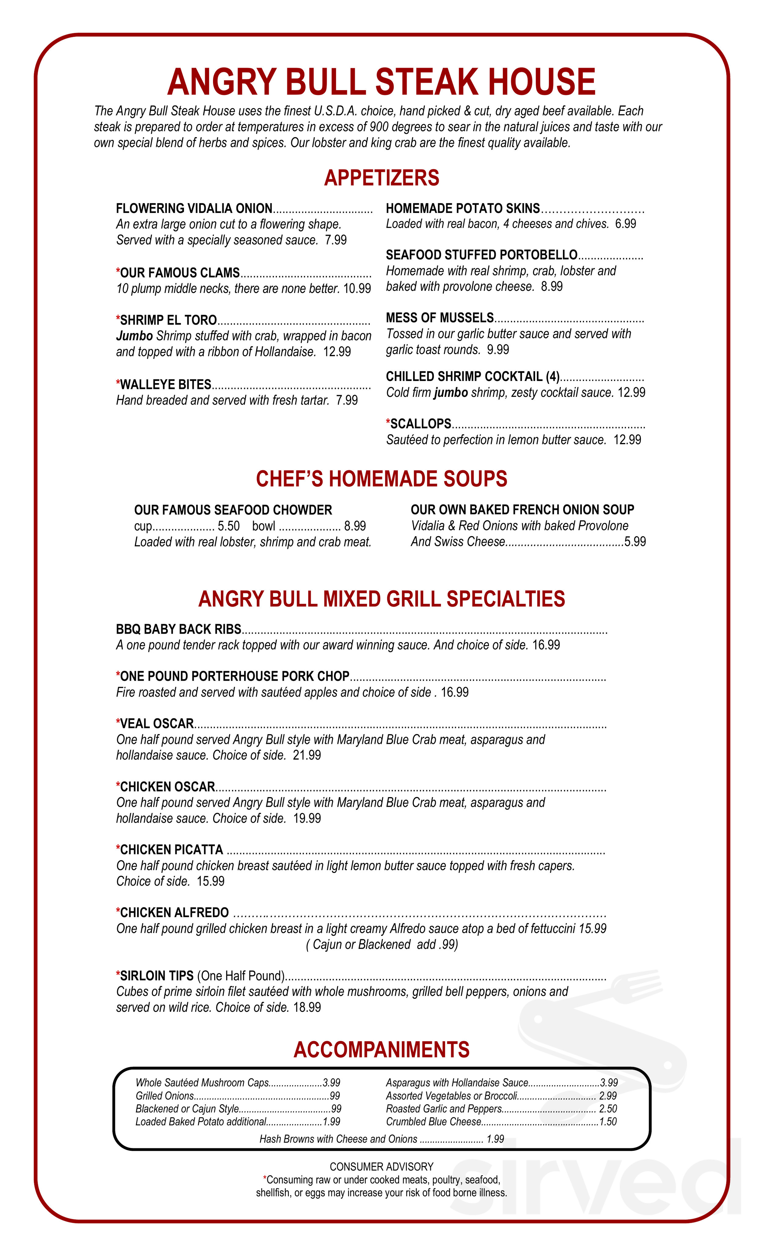 Menu for Angry Bull Steak House in Huron, OH | Sirved