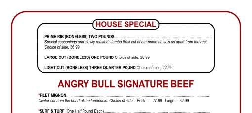 Menu for Angry Bull Steak House in Huron, OH | Sirved
