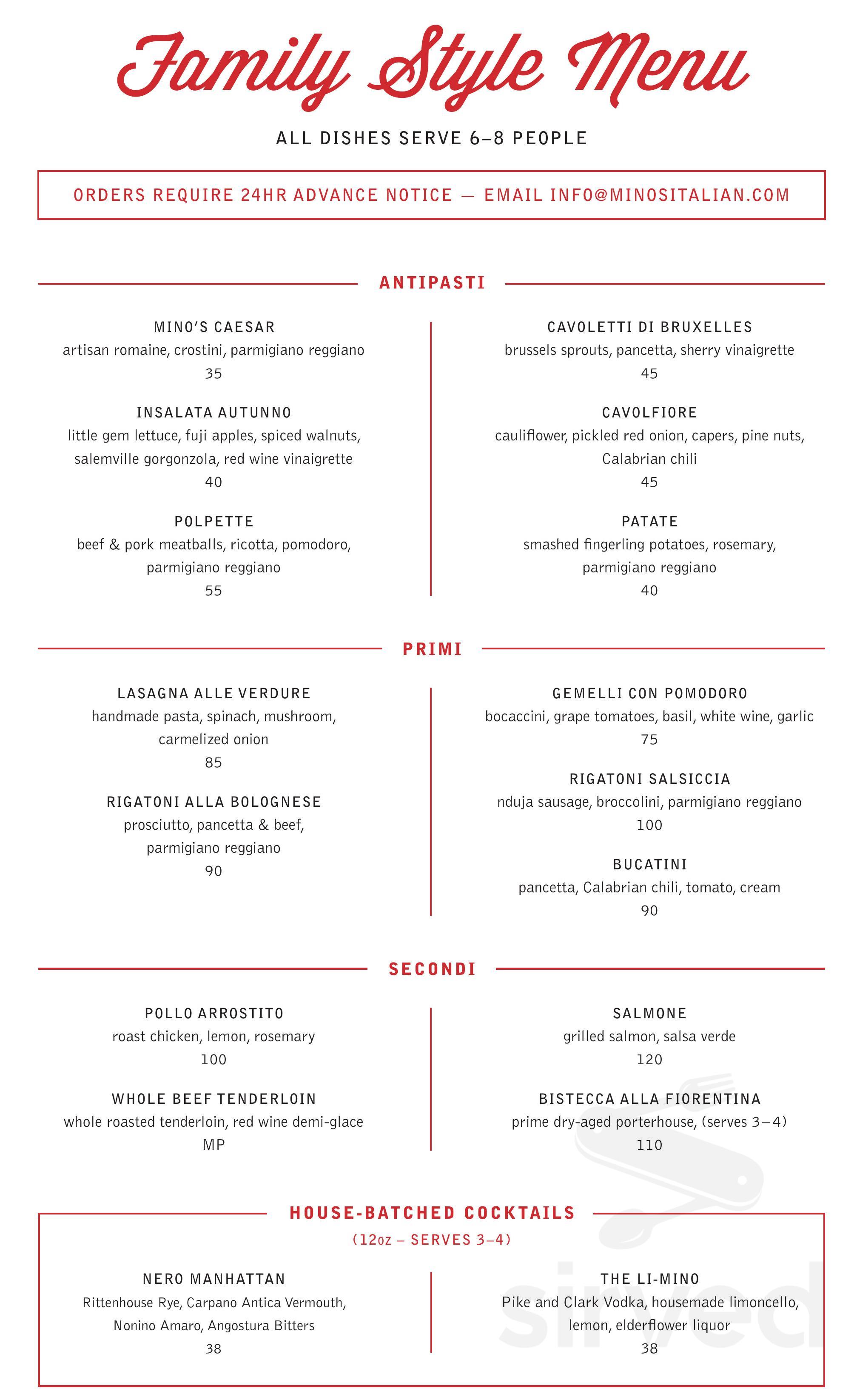 Mino's menu in Winnetka, Illinois, USA