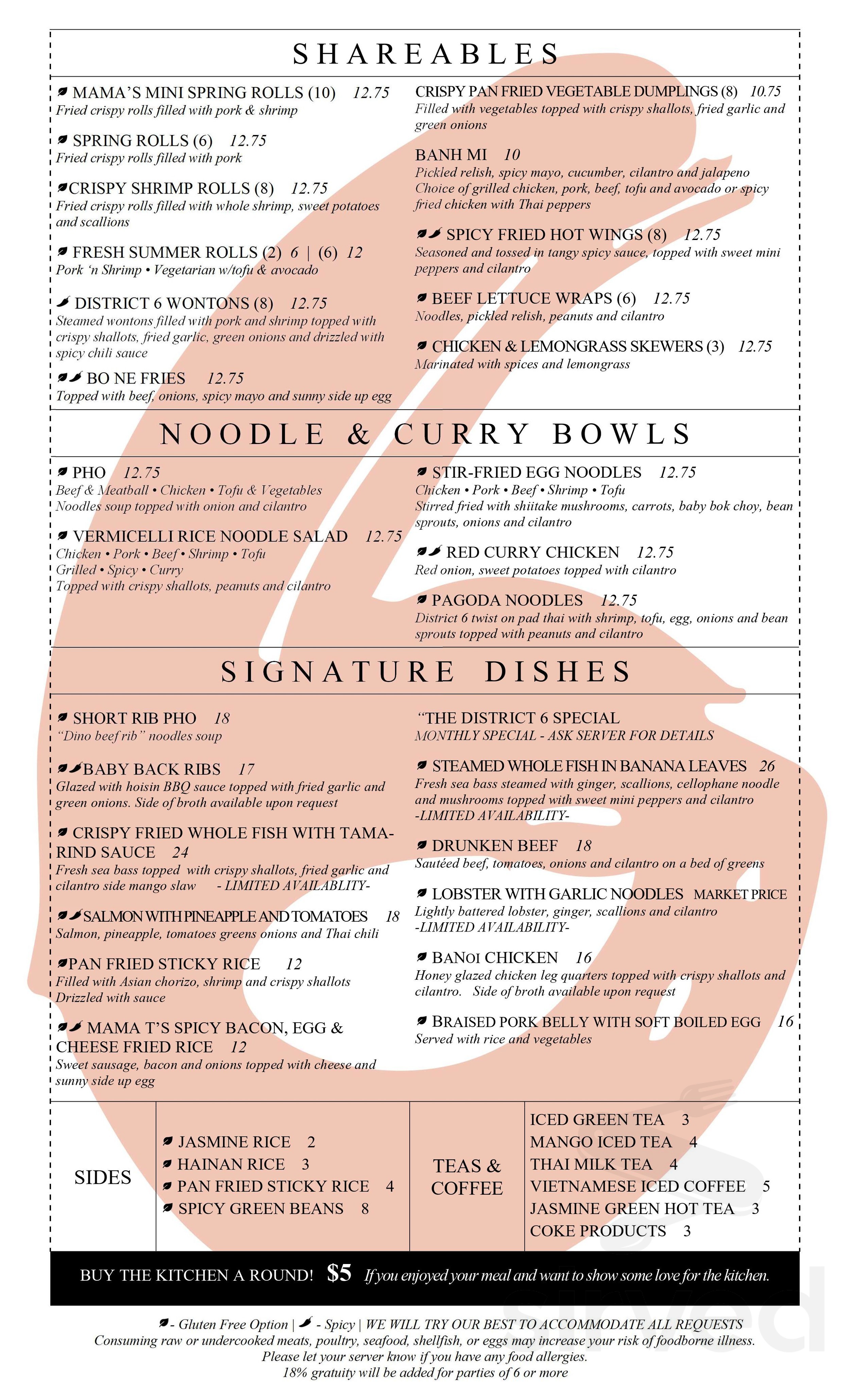District 6 menu in Louisville, Kentucky, USA