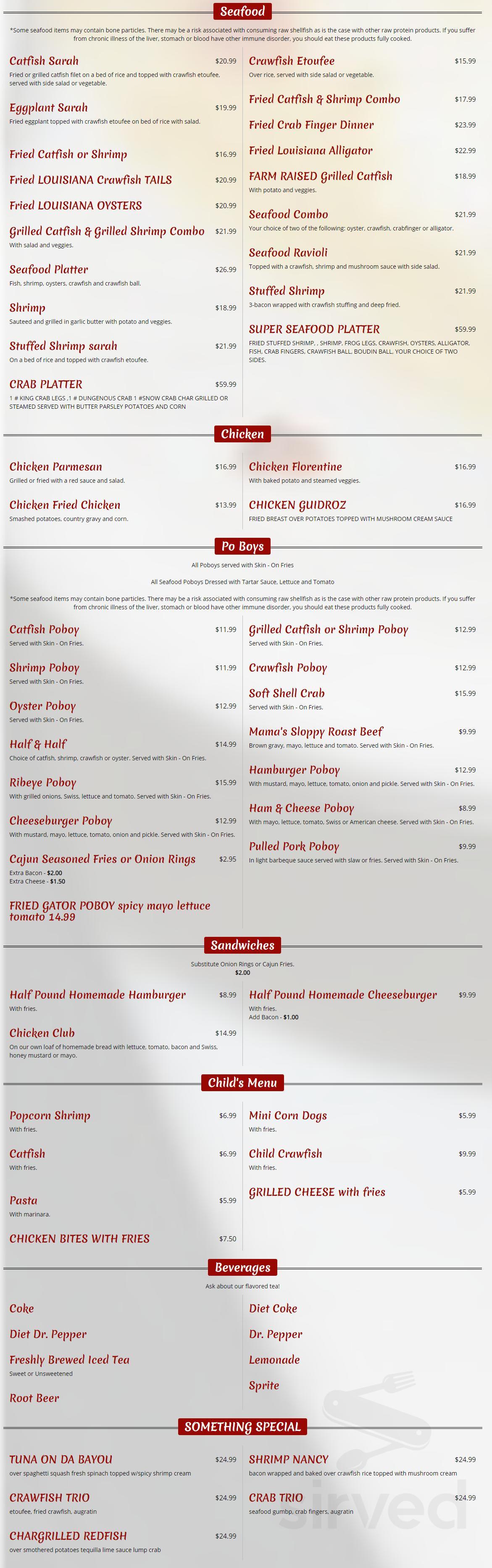 Menu for Not Your Mama's Cafe & Tavern in Livonia, LA | Sirved