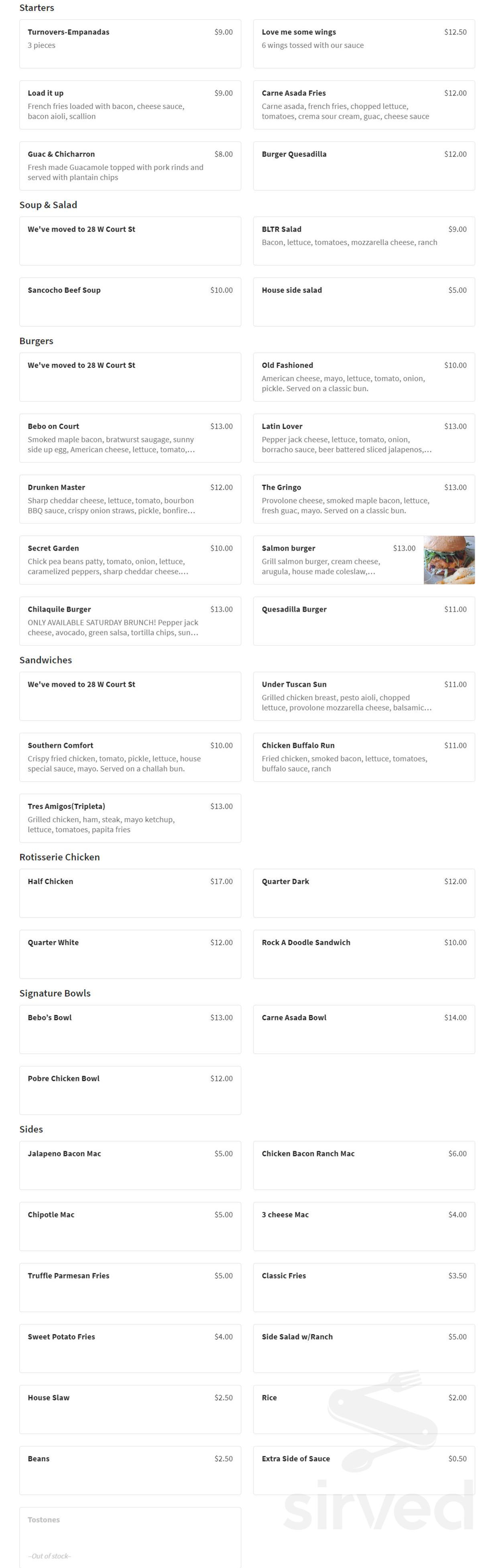 BEBO's Artisan Burgers + Frappes menu in Cincinnati, Ohio, USA