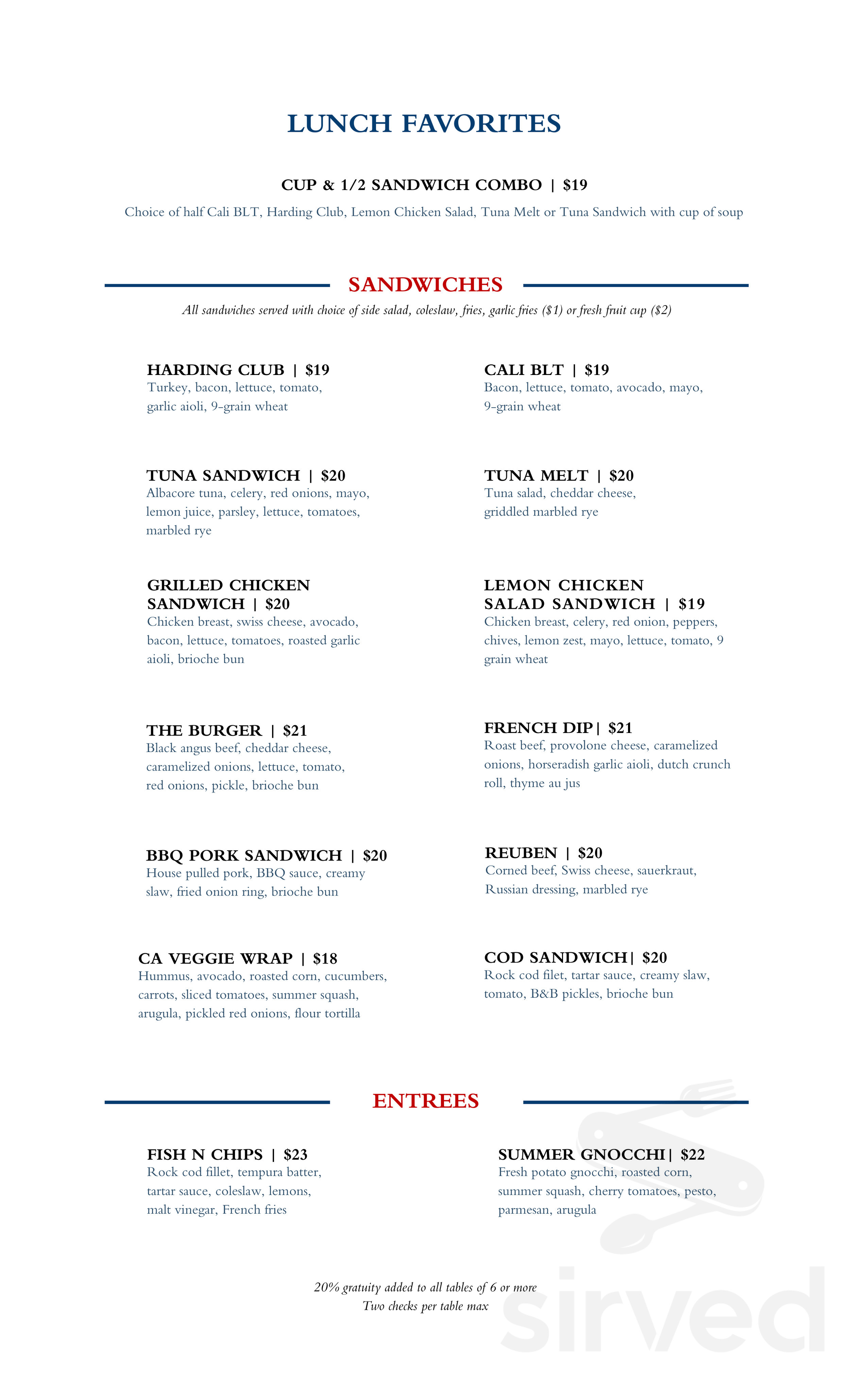 TPC Harding Park menu in San Francisco, California, USA