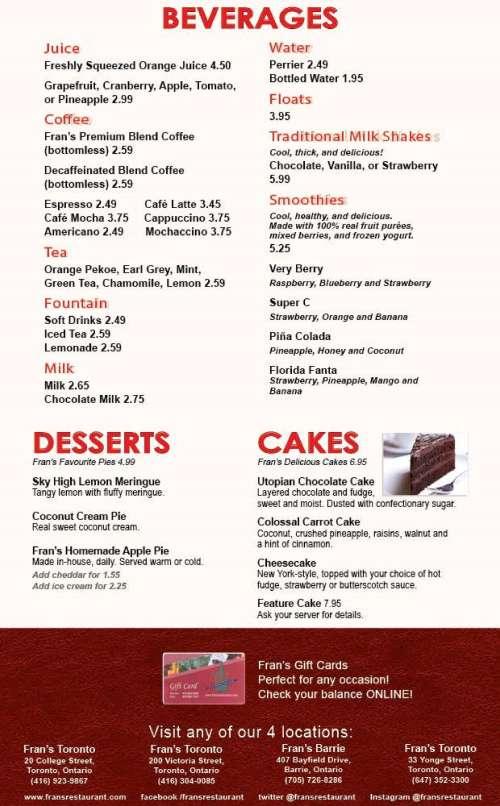 Fran's Restaurant menu in Toronto, Ontario, Canada