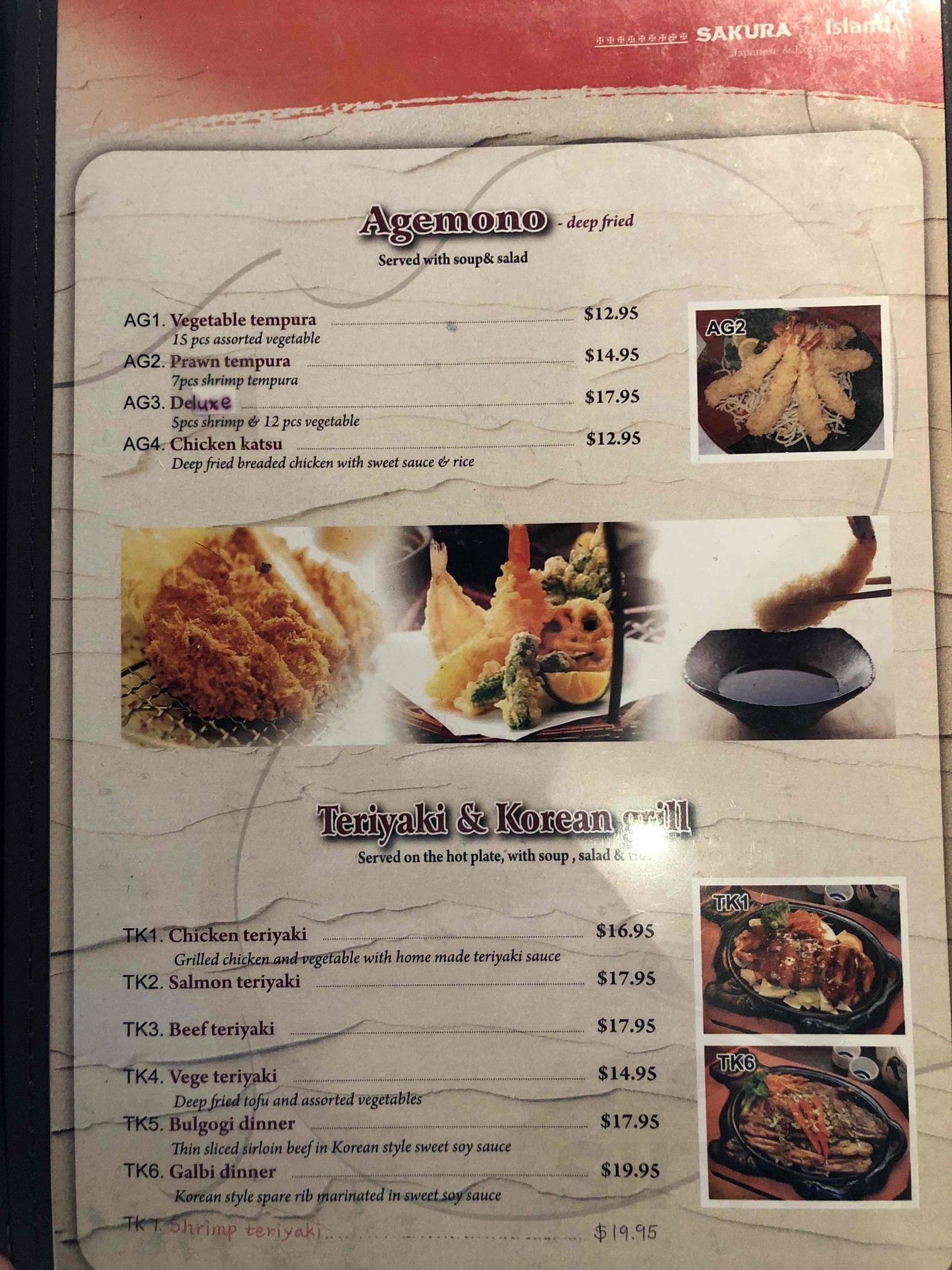 Sakura Island Japanese menu in Waterloo, Ontario, Canada