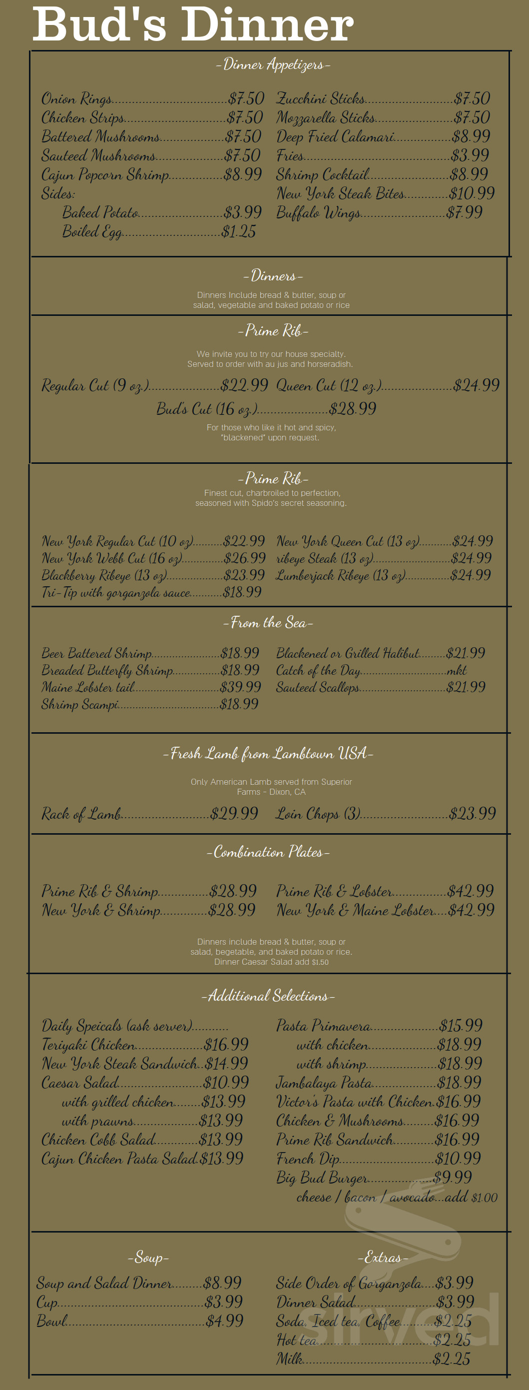 Bud's Pub & Grill menu in Dixon, California, USA