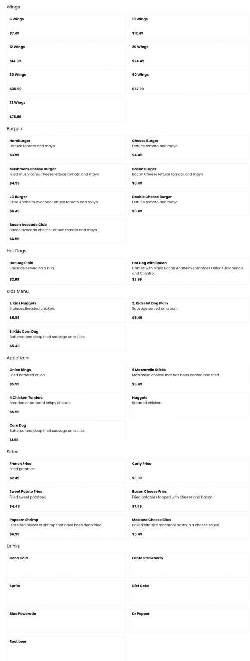 JC Wings menu in Mesa, Arizona, USA
