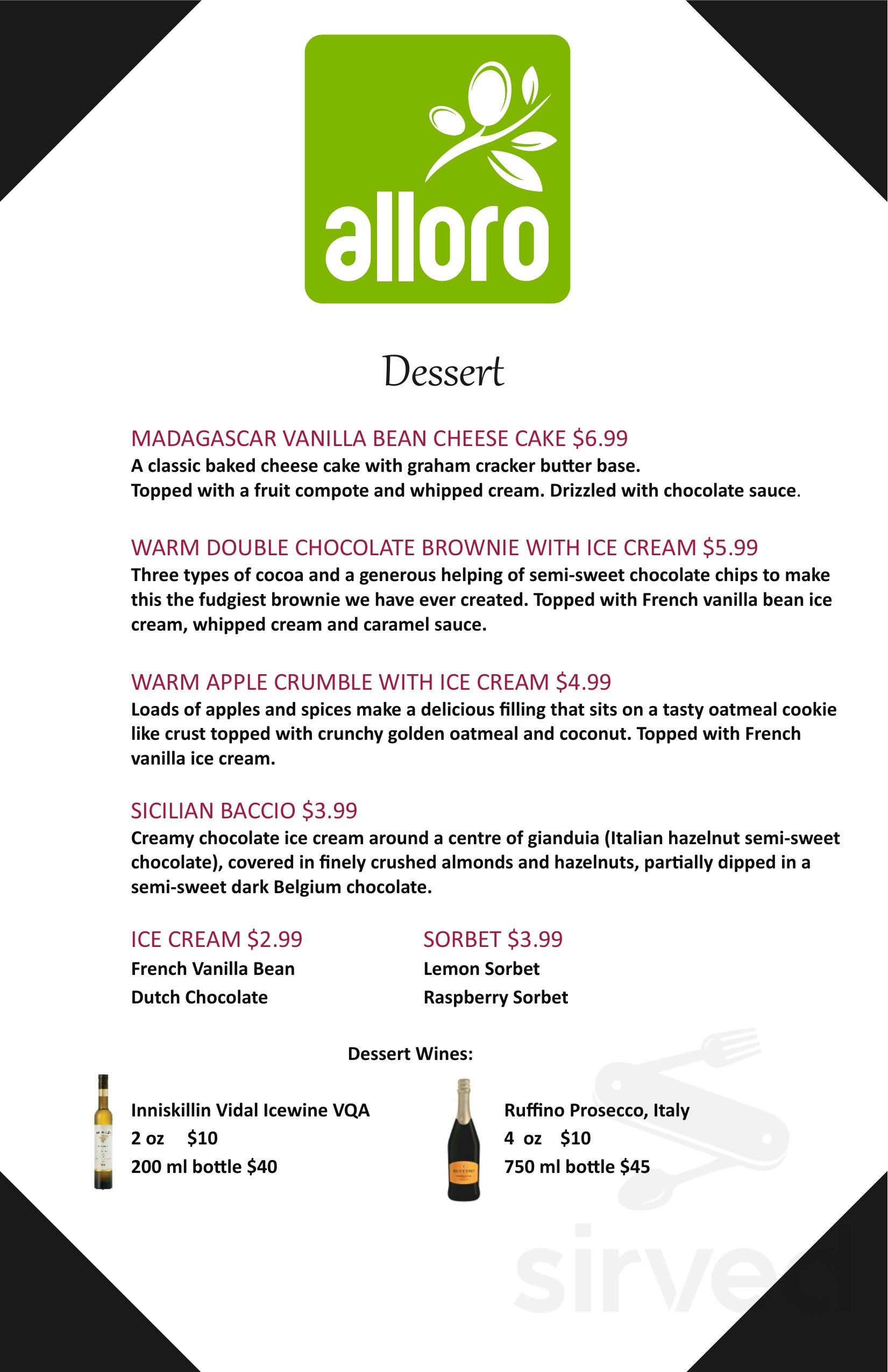Alloro Restaurant In Holiday Inn Menu - Burlington, Ontario | Sirved