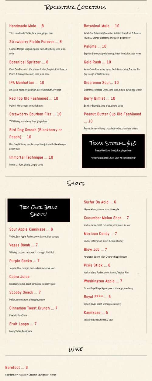 The Rockwell Taphouse & Grill menu in McAllen, Texas, USA