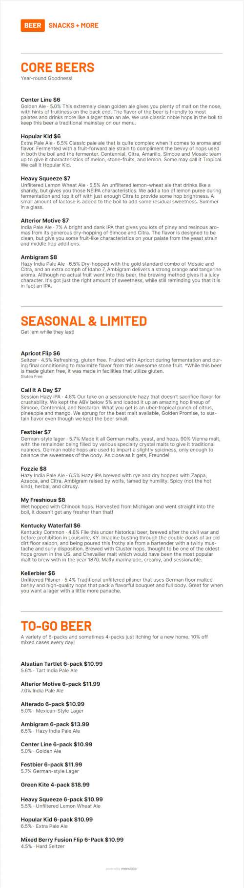 Alter Brewing Company menu in Downers Grove, Illinois, USA