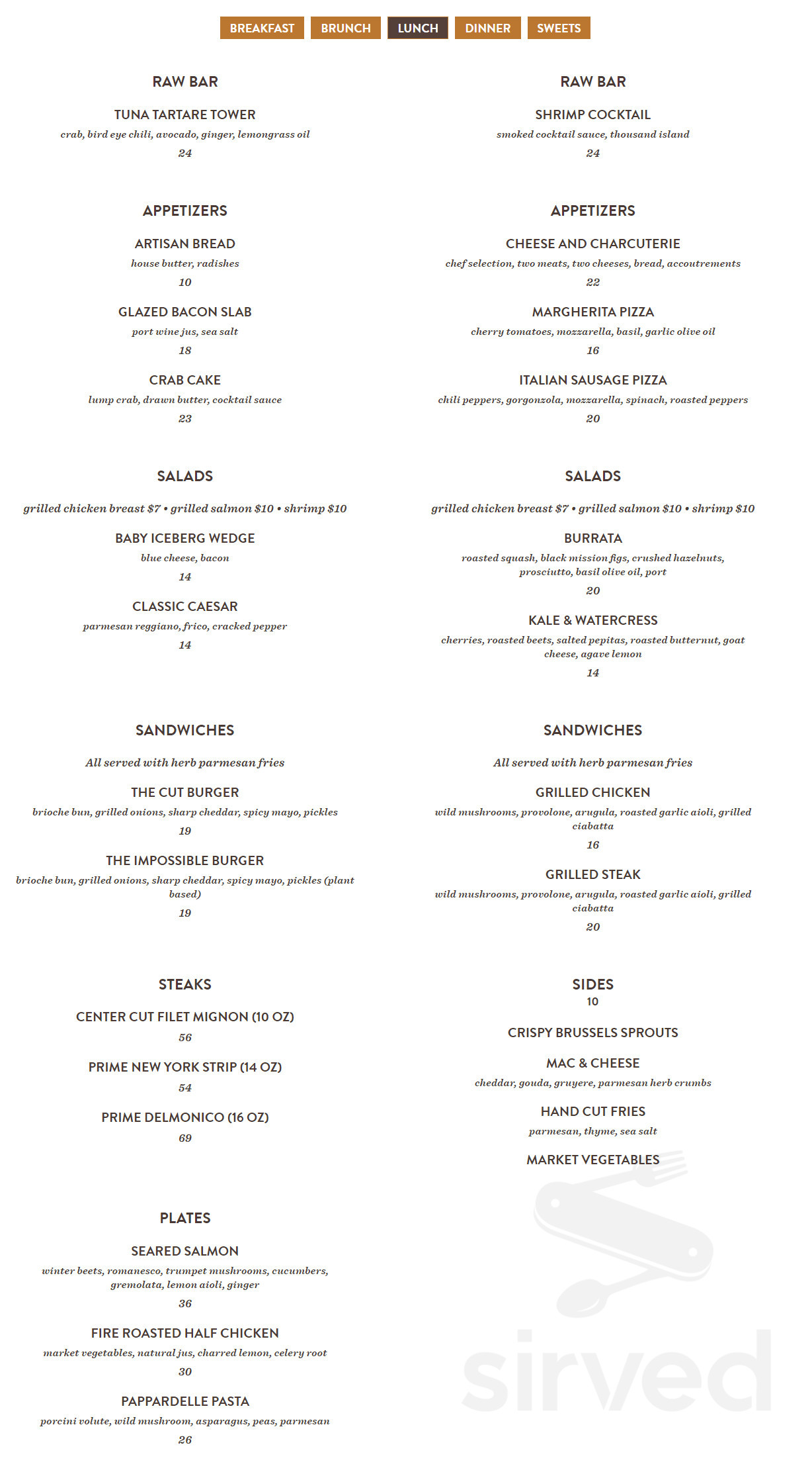 Cut & Bourbon menu in Arlington, Texas, USA