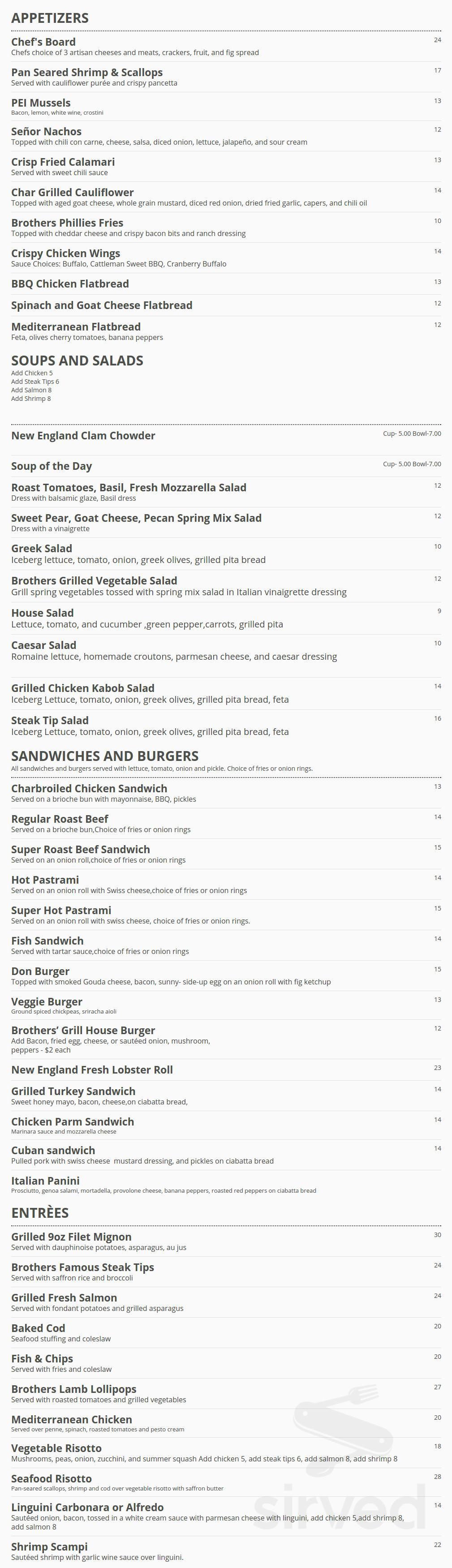 Menu for 3Brothers Grill Bar and Restaurant in Hanover, MA | Sirved