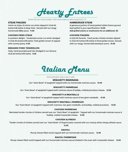 Club 60 Steakhouse menu in Mountain Grove, Missouri, USA