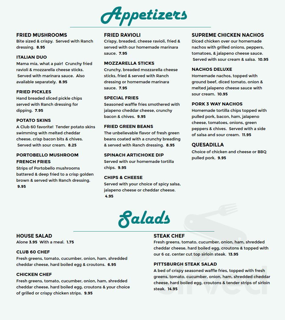 Club 60 Steakhouse menu in Mountain Grove, Missouri, USA