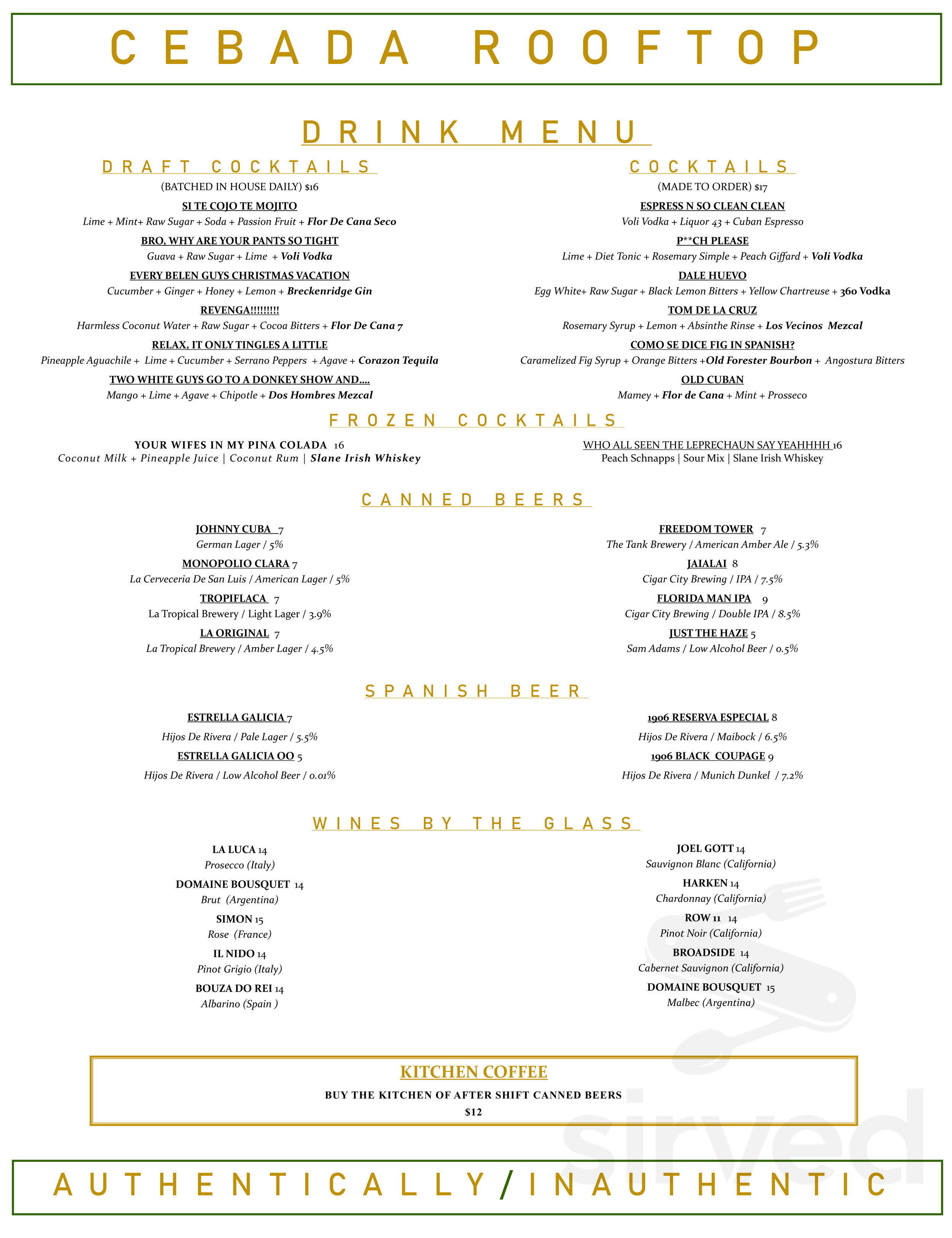 Cebada Rooftop menu in Coral Gables, Florida, USA