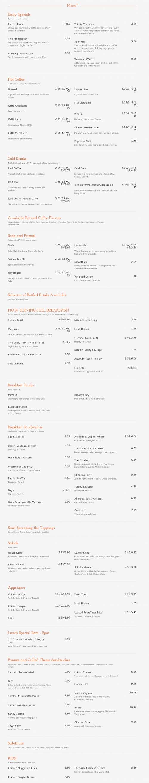 Bean Barn menu in Coventry, Rhode Island, USA