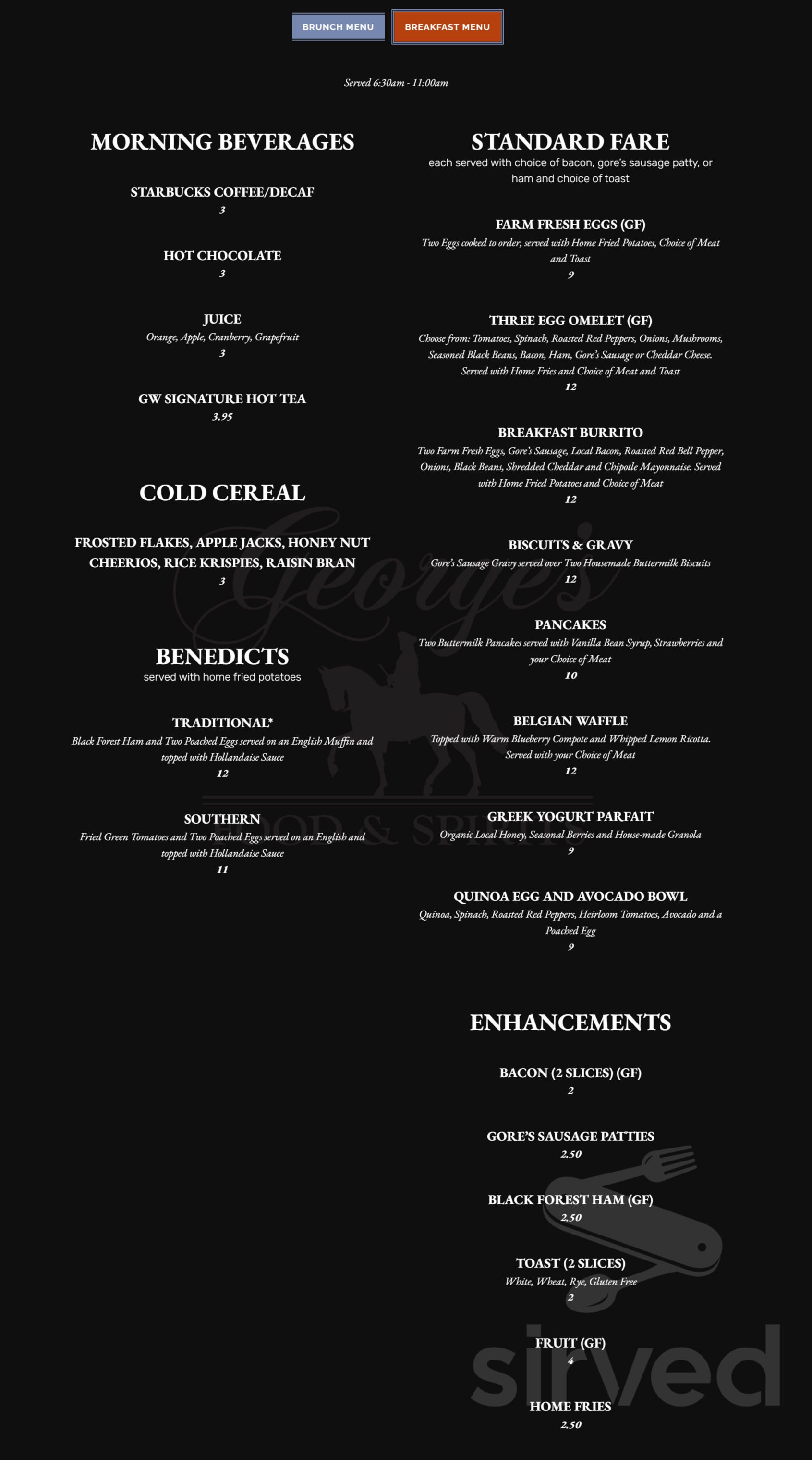 Menu for George's Food and Spirits in Winchester, VA | Sirved