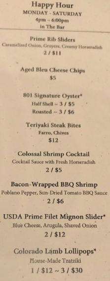801 Chophouse menu in Des Moines, Iowa, USA
