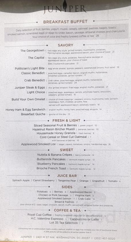 Juniper Restaurant menu in 2401 M St NW, Washington, DC 20037