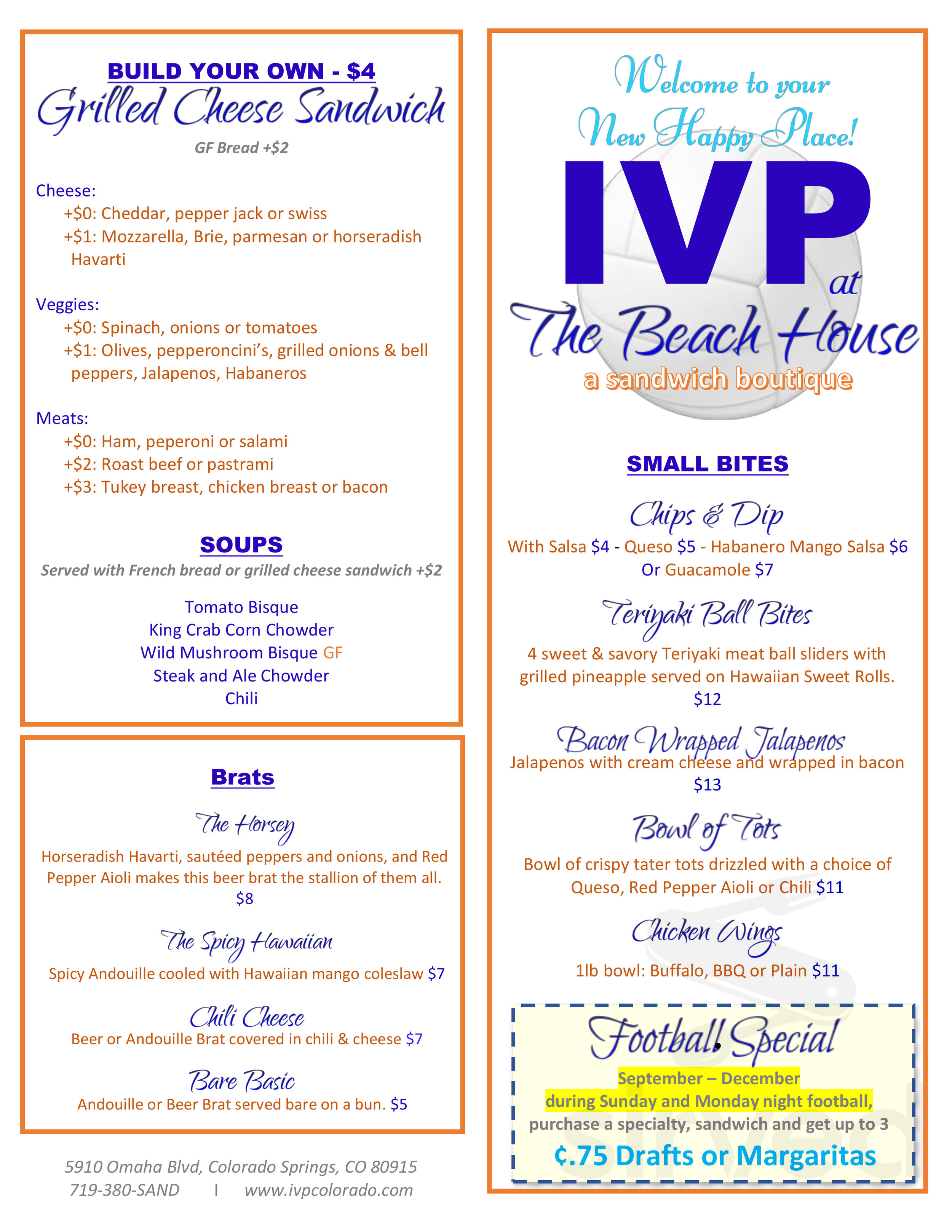 IVP at The Beach House menu in Colorado Springs, Colorado, USA
