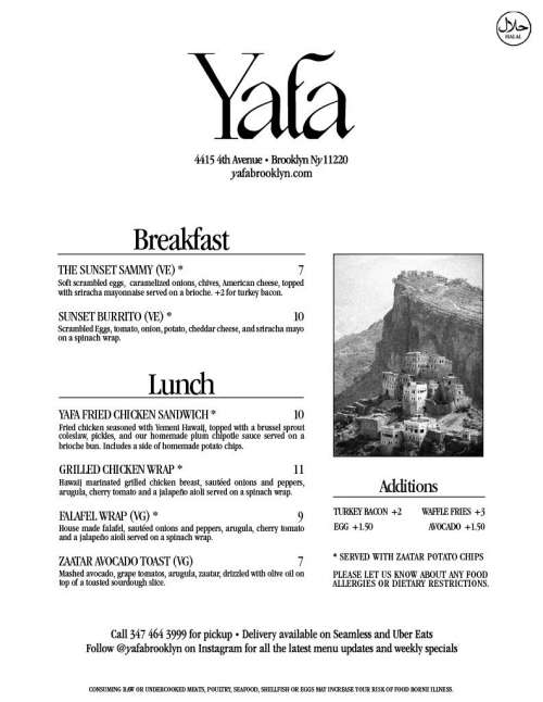 Yafa Cafe menu in Brooklyn, New York, USA