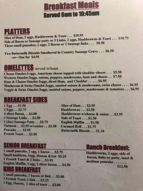 Ranch Cafe menu in Miller, South Dakota, USA